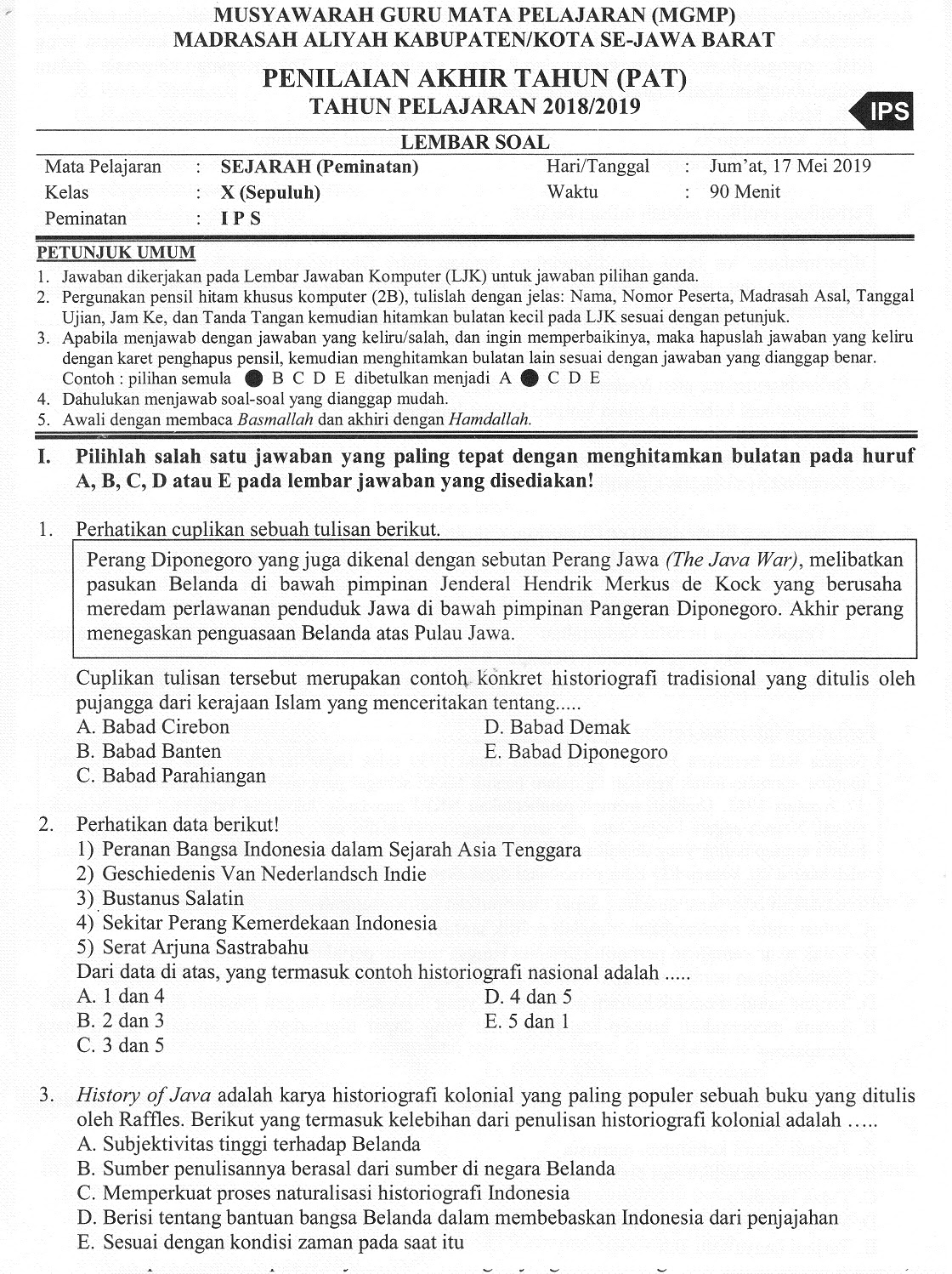 Kisi Soal Sejarah Peminatan Uas 2017 Kelas 12 Jabar Ma Kumpulan Kunci