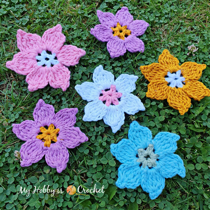 My Hobby Is Crochet Pointed Petals Flower 6 Petals Crochet Flower