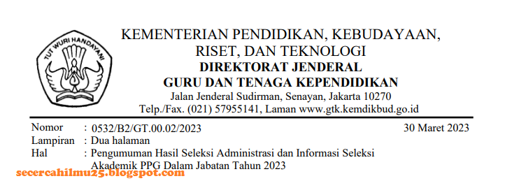 Pengumuman Hasil Seleksi Administrasi Dan Seleksi Akademik Ppg Daljab