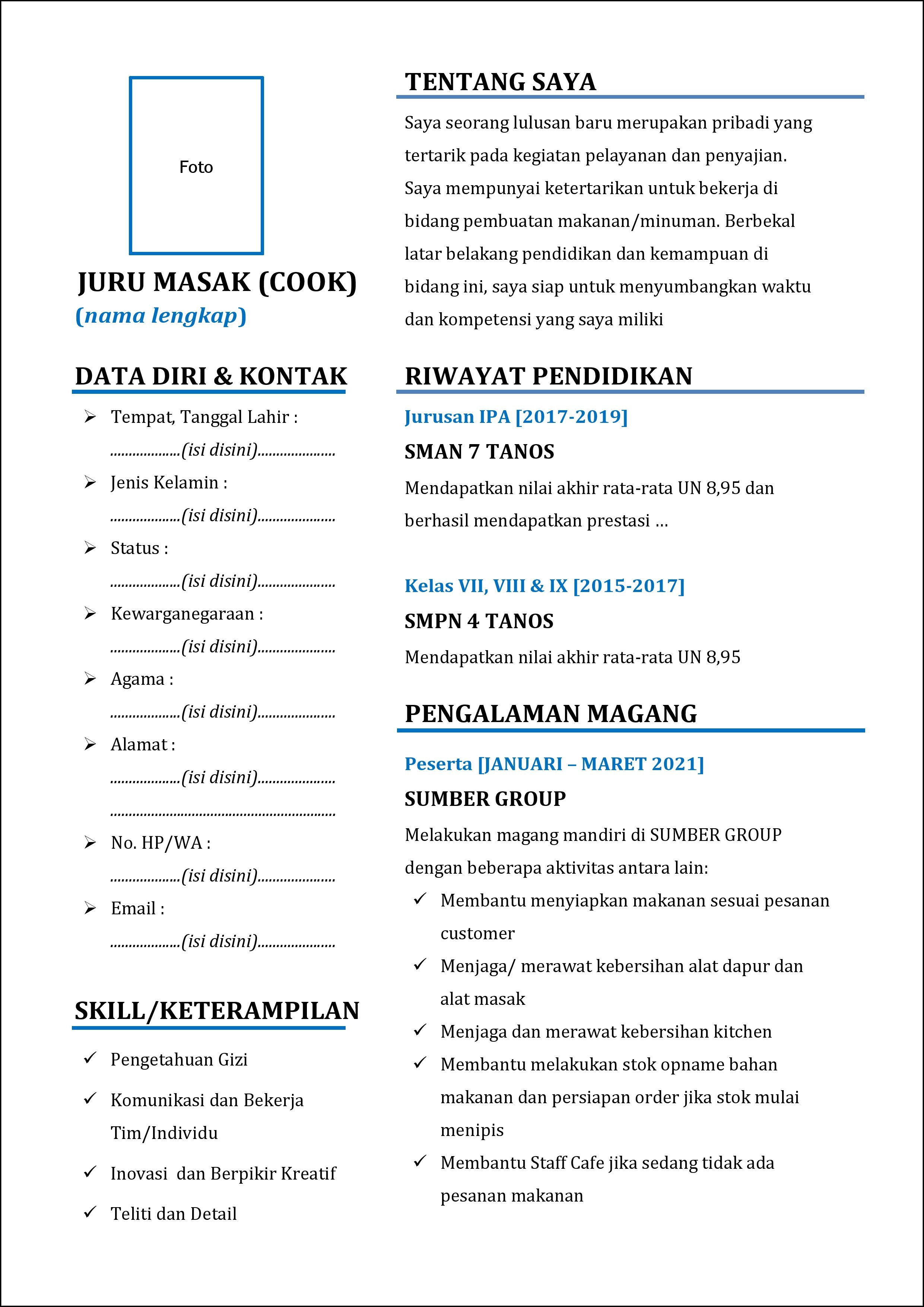 Contoh Curriculum Vitae Cv Juru Masak Cook Untuk Fresh Graduate