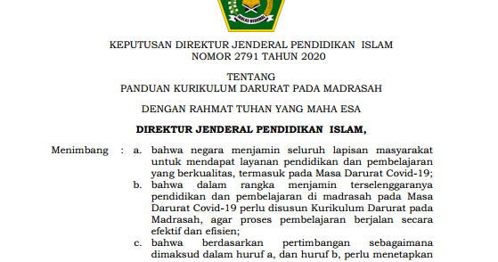 Panduan Kurikulum Darurat Pada Madrasah Harian Madrasah