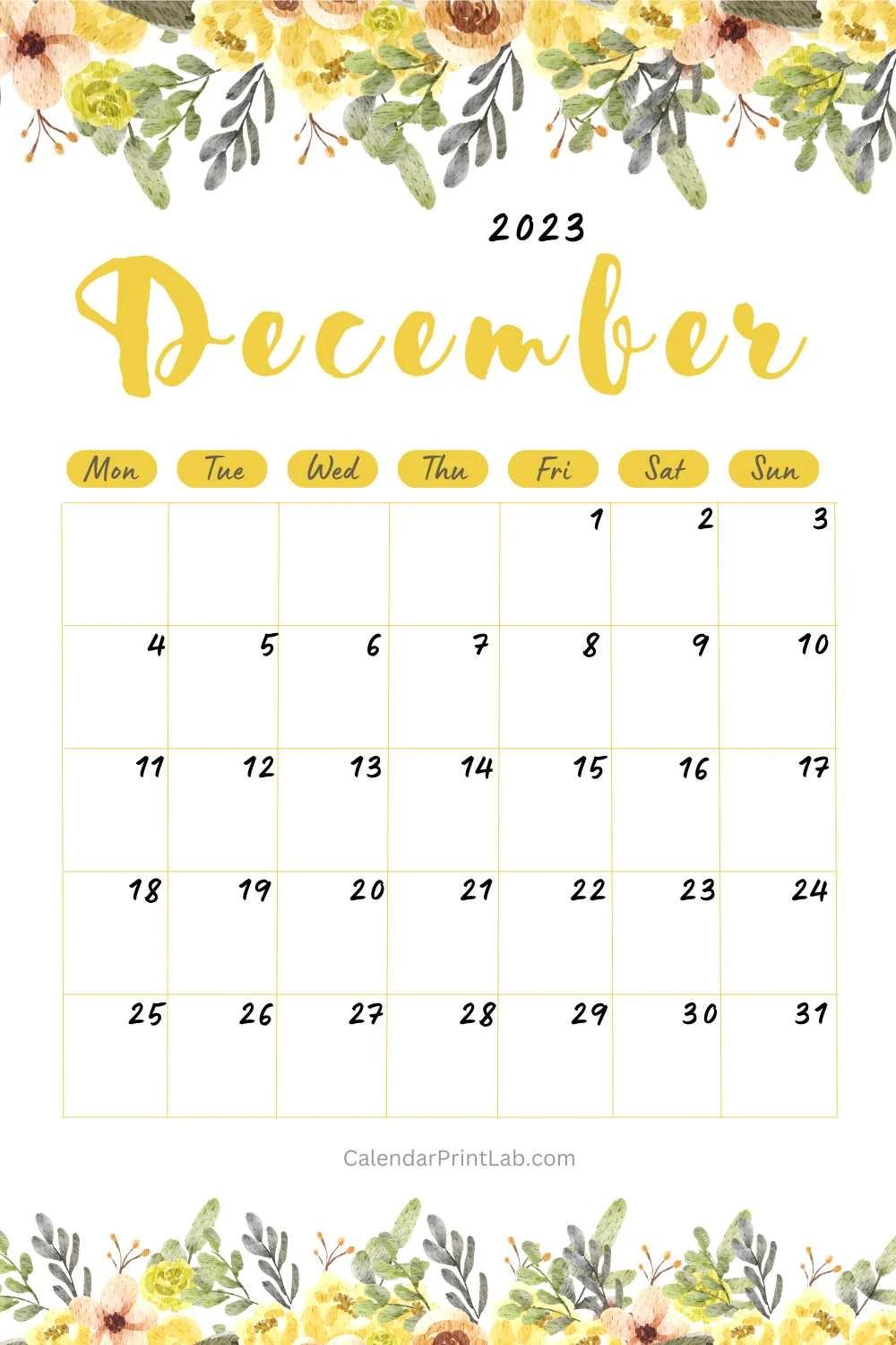 December 2023 Floral Calendar Printable Free Download