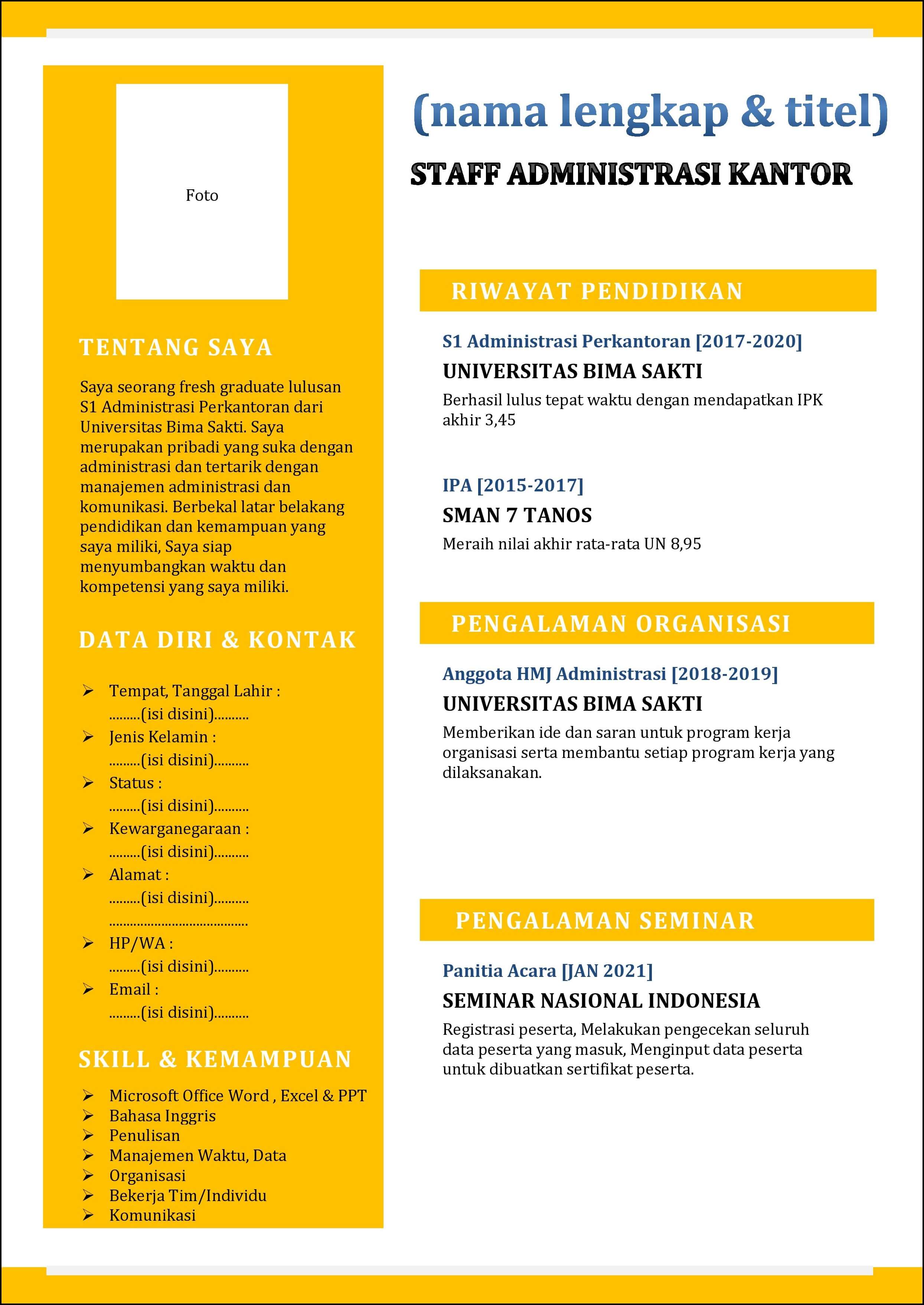 Contoh Curriculum Vitae Cv Staff Administrasi Kantor Fresh Graduate Riset