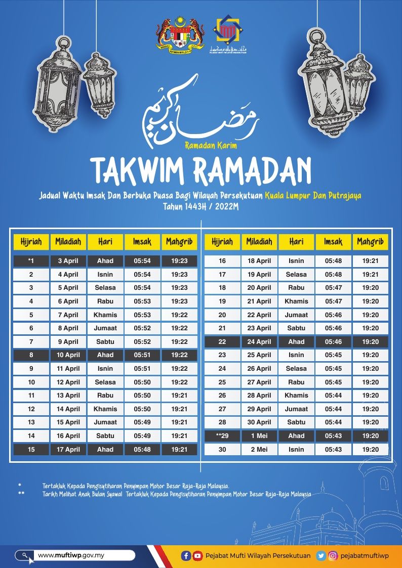 Jadual Berbuka Puasa Dan Imsak 2022 Kl Dan Putrajaya