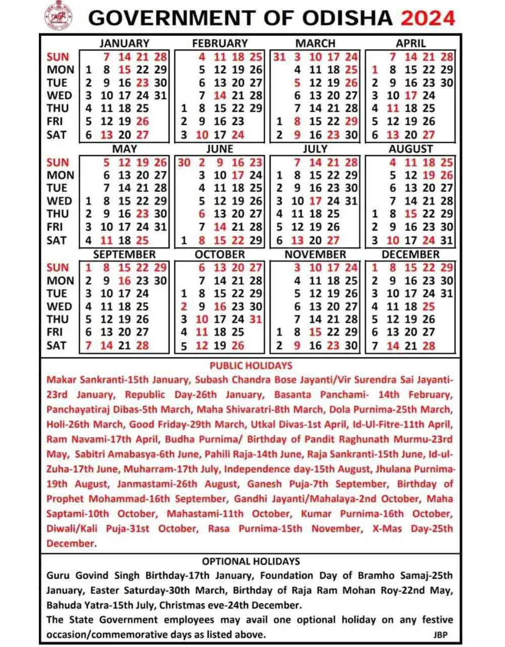 Govt Calendar 2024 Odisha Public Holidays And Optional Holidays Info