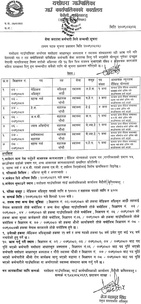 Job Vacancy For Yasodhara Gaunpalika Kapilvastu