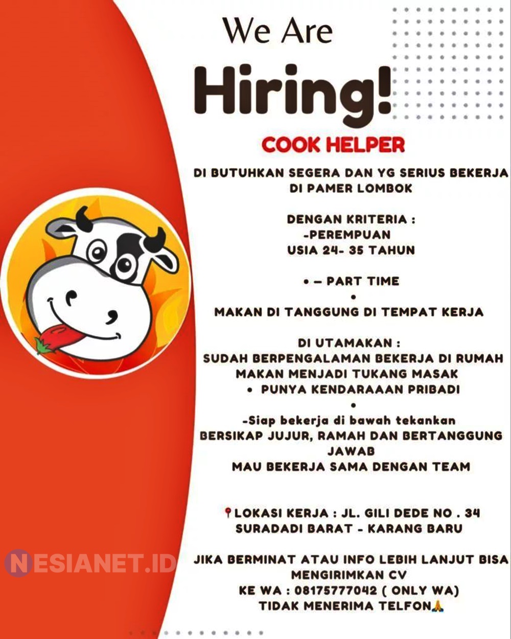 Lowongan Kerja Cook Helper Di Pamer Lombok Mataram Ntb Nesianet