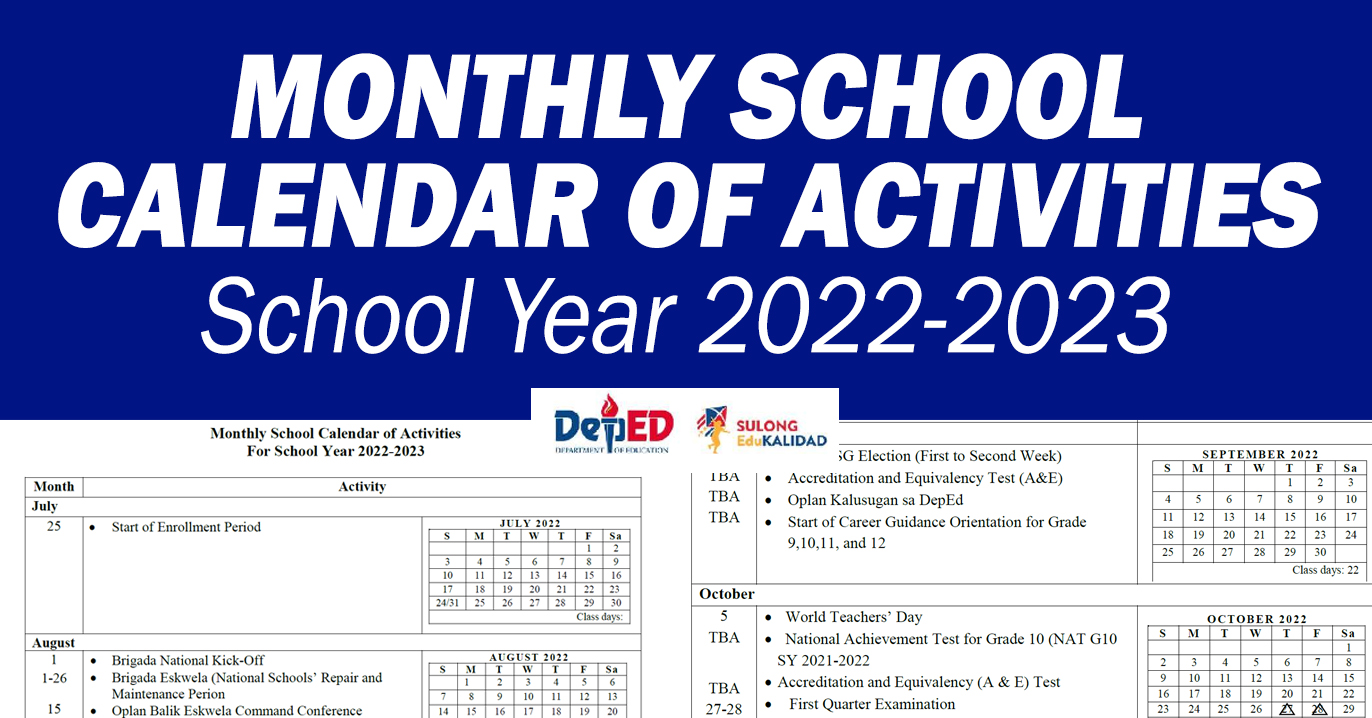 Deped Monthly School Calendar Of Activities For School Year 2022 2023