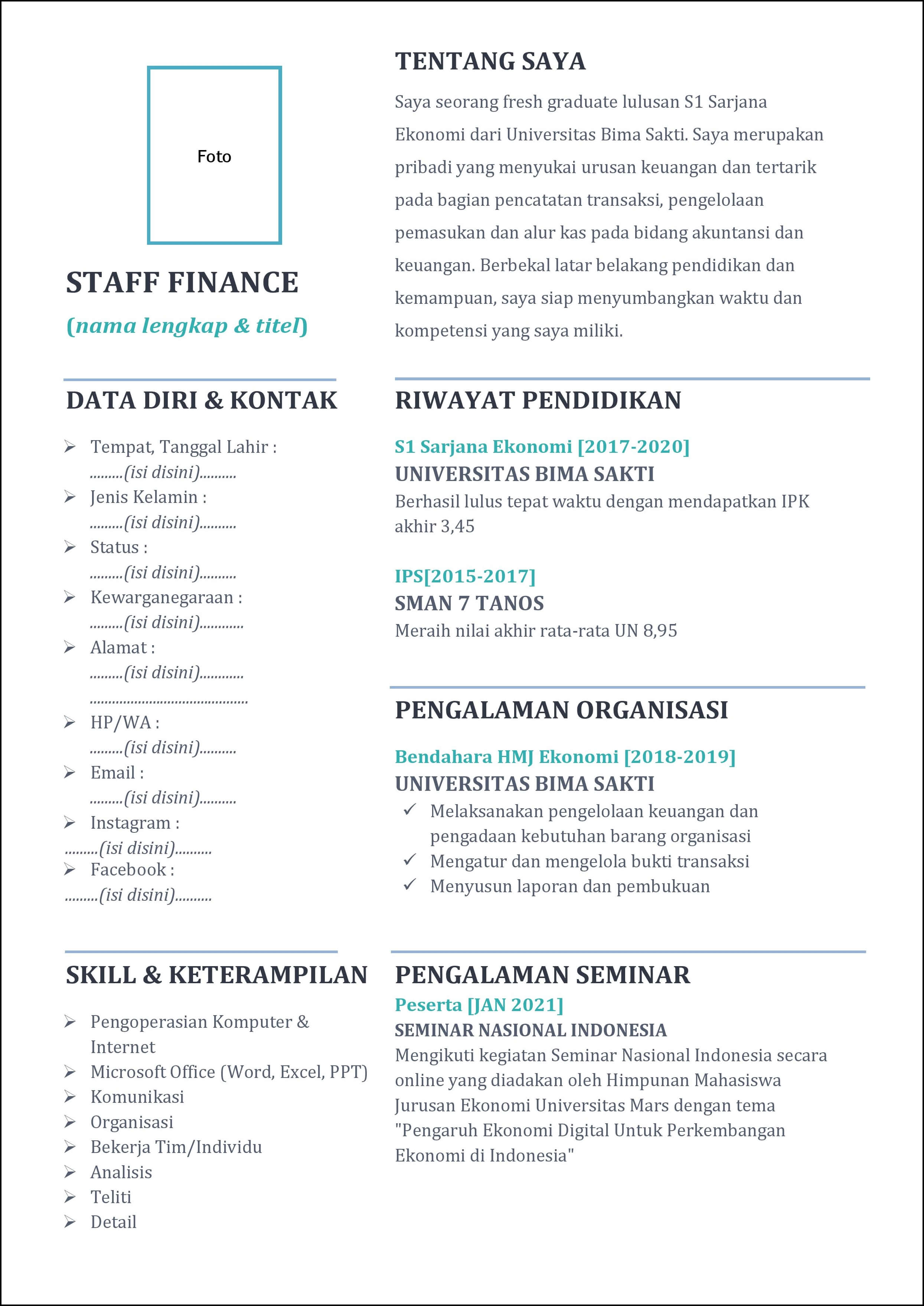 Contoh Curriculum Vitae Cv Staff Finance Keuangan Untuk Fresh