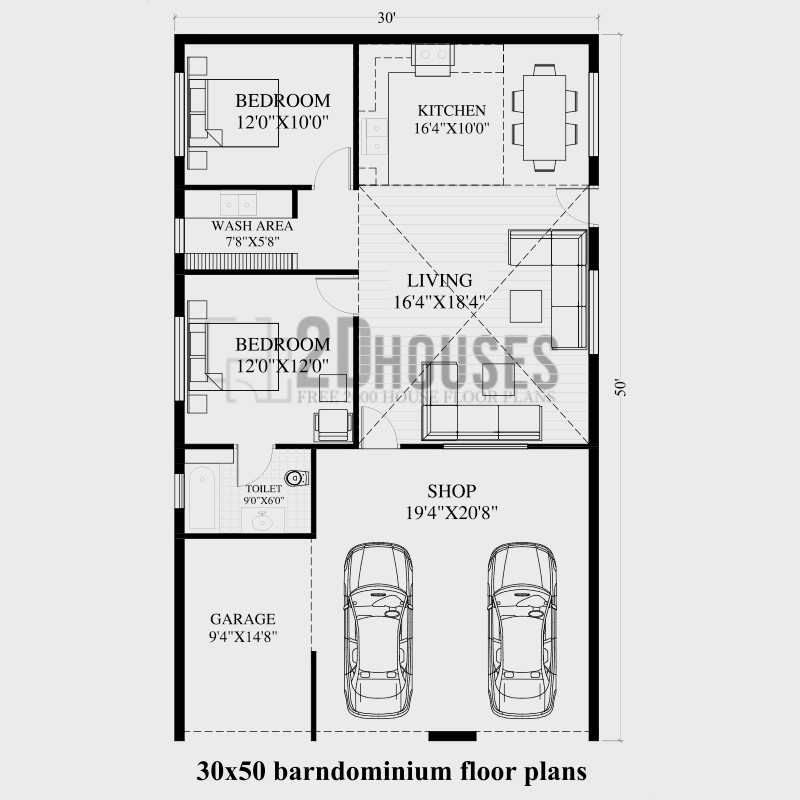 50x50 Barndominium Floor Plans Map Concept Drawing