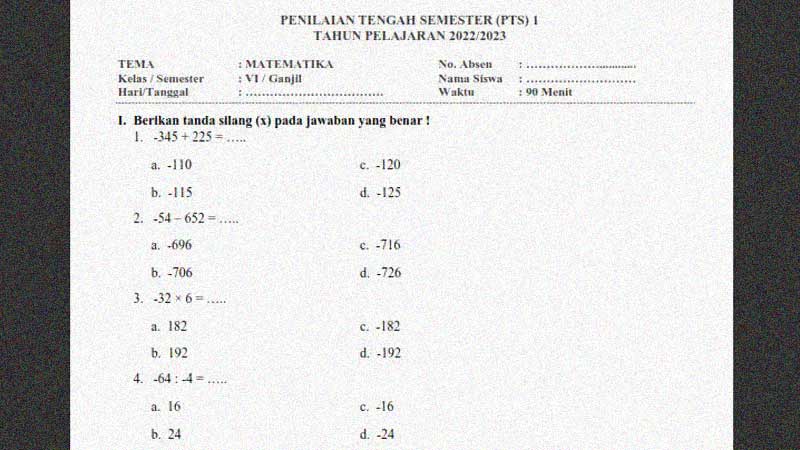 Soal Penilaian Tengah Semester 1 Kelas 6 Matematika Dan Kunci Jawabannya