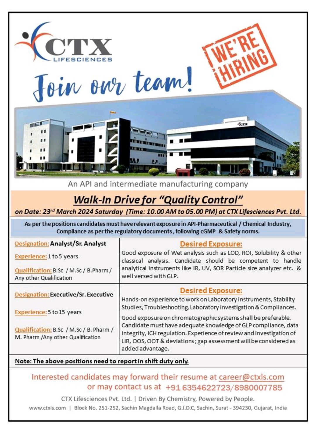 Ctx Lifesciences Walk In Drive For Quality Control On 23rd March 2024