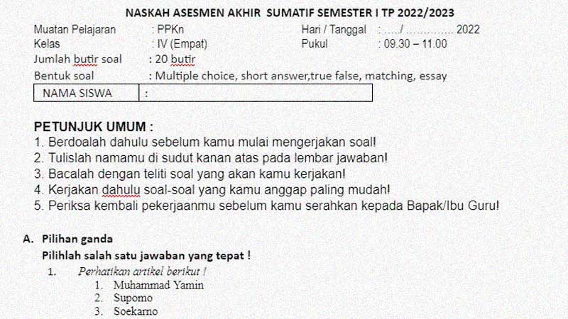 Soal Sumatif Akhir Semester 1 Kelas 4 Mapel Ppkn