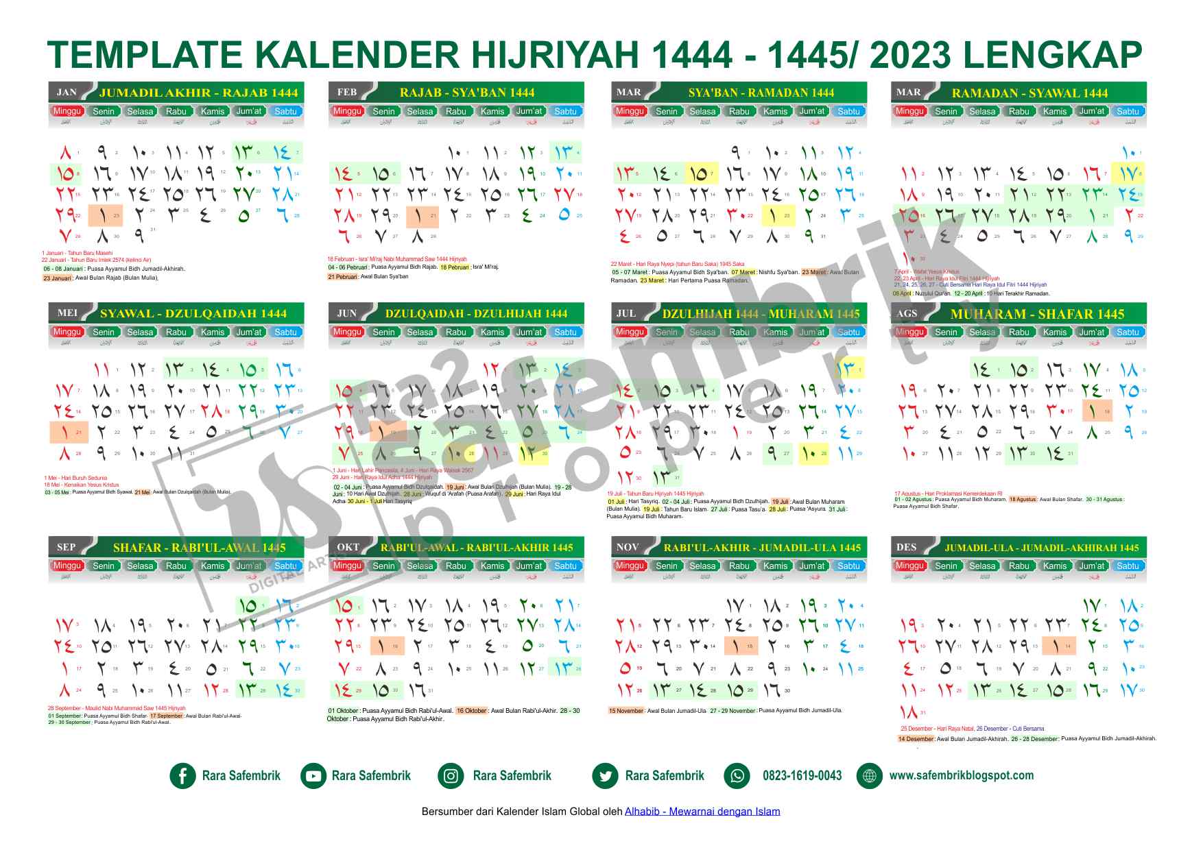 Template Mentahan Kalender Hijriyah Islam 1444 1445 2023 Masehi