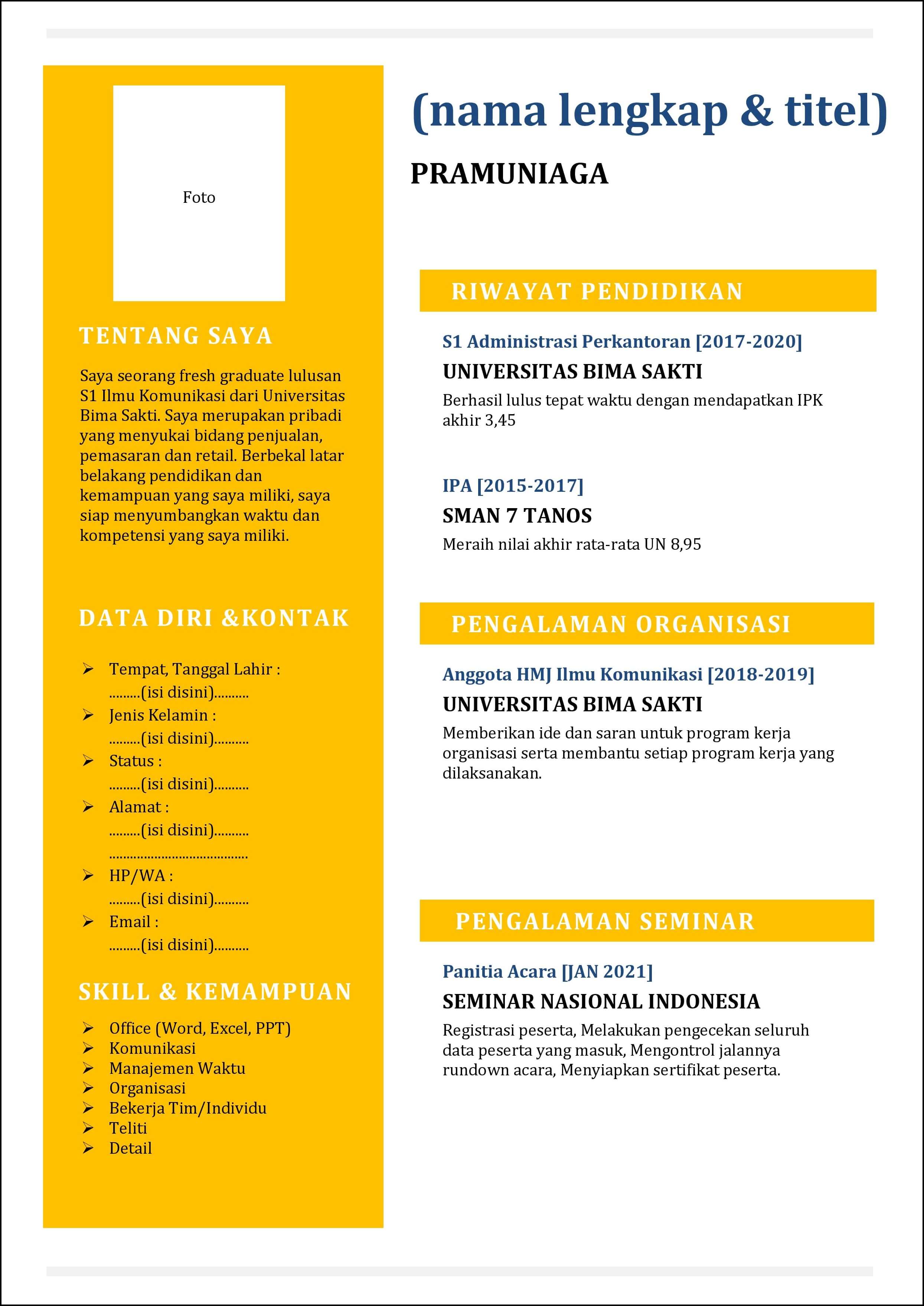 Contoh Curriculum Vitae Cv Pramuniaga Fresh Graduate Tanpakoma