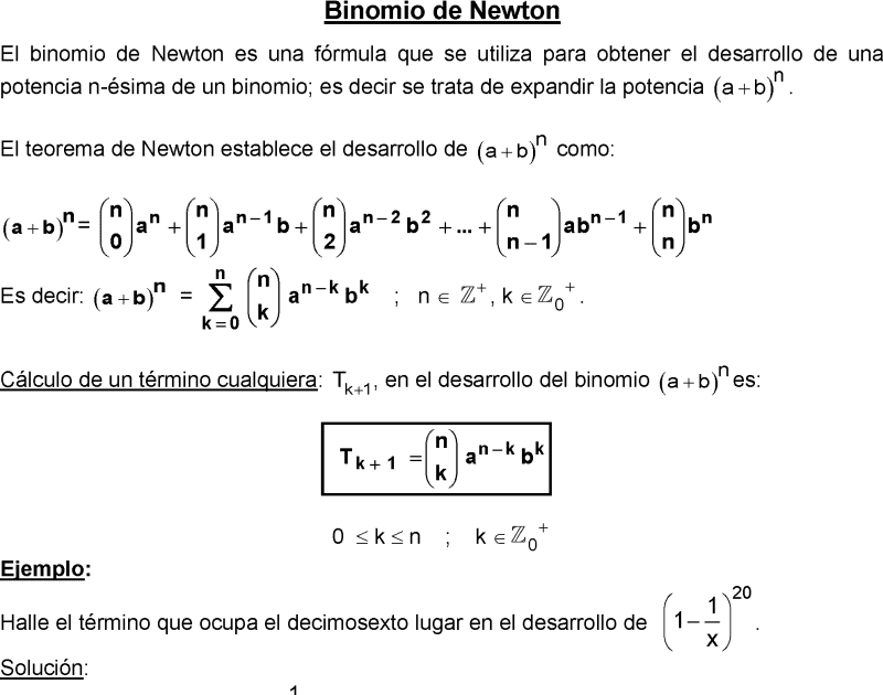 Desarrollo Del Binomio De Newton Preguntas Y Problemas Resueltos Pdf