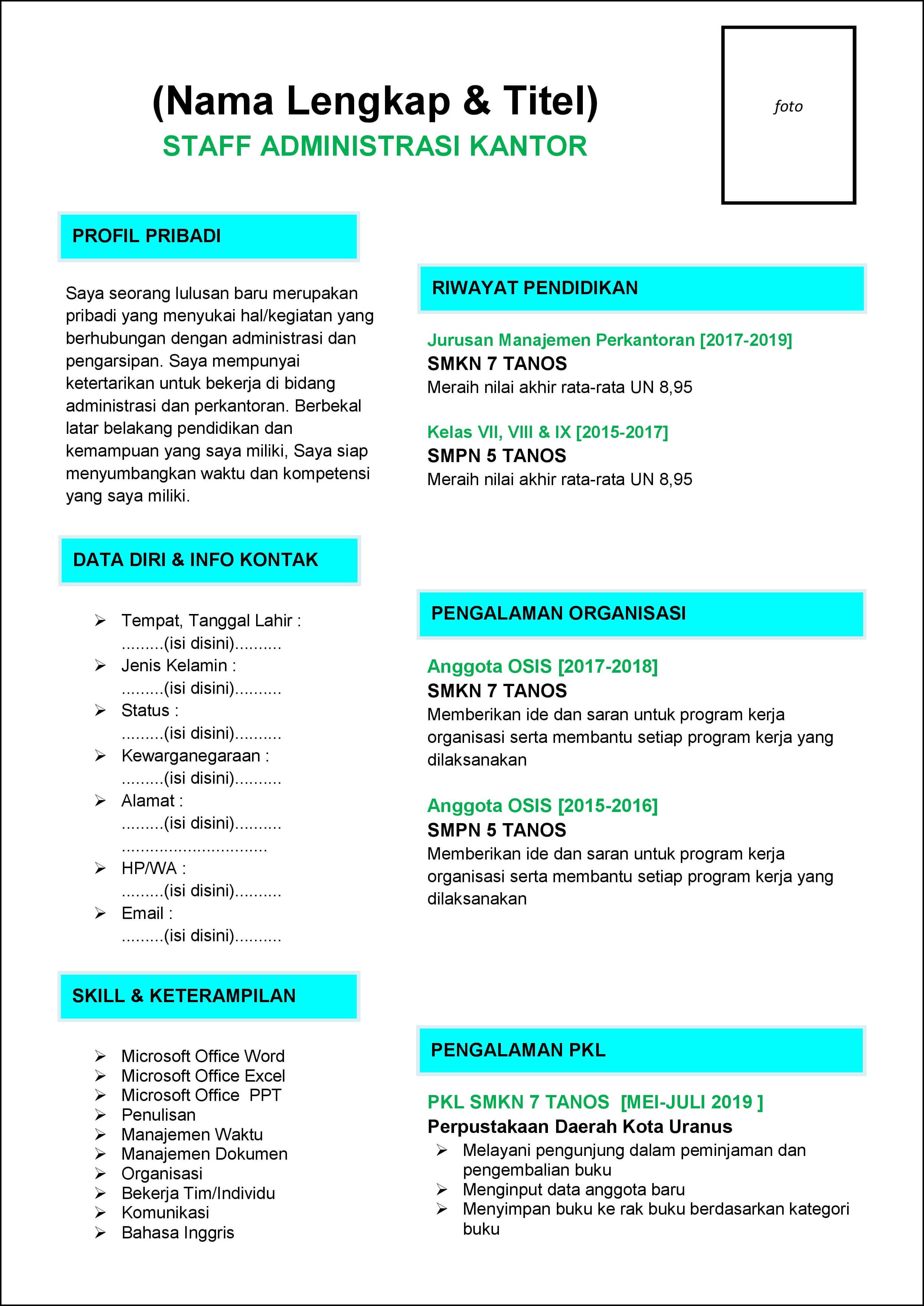 Contoh Cv Staff Administrasi Kantor Lulusan Smasmk Fresh Graduate