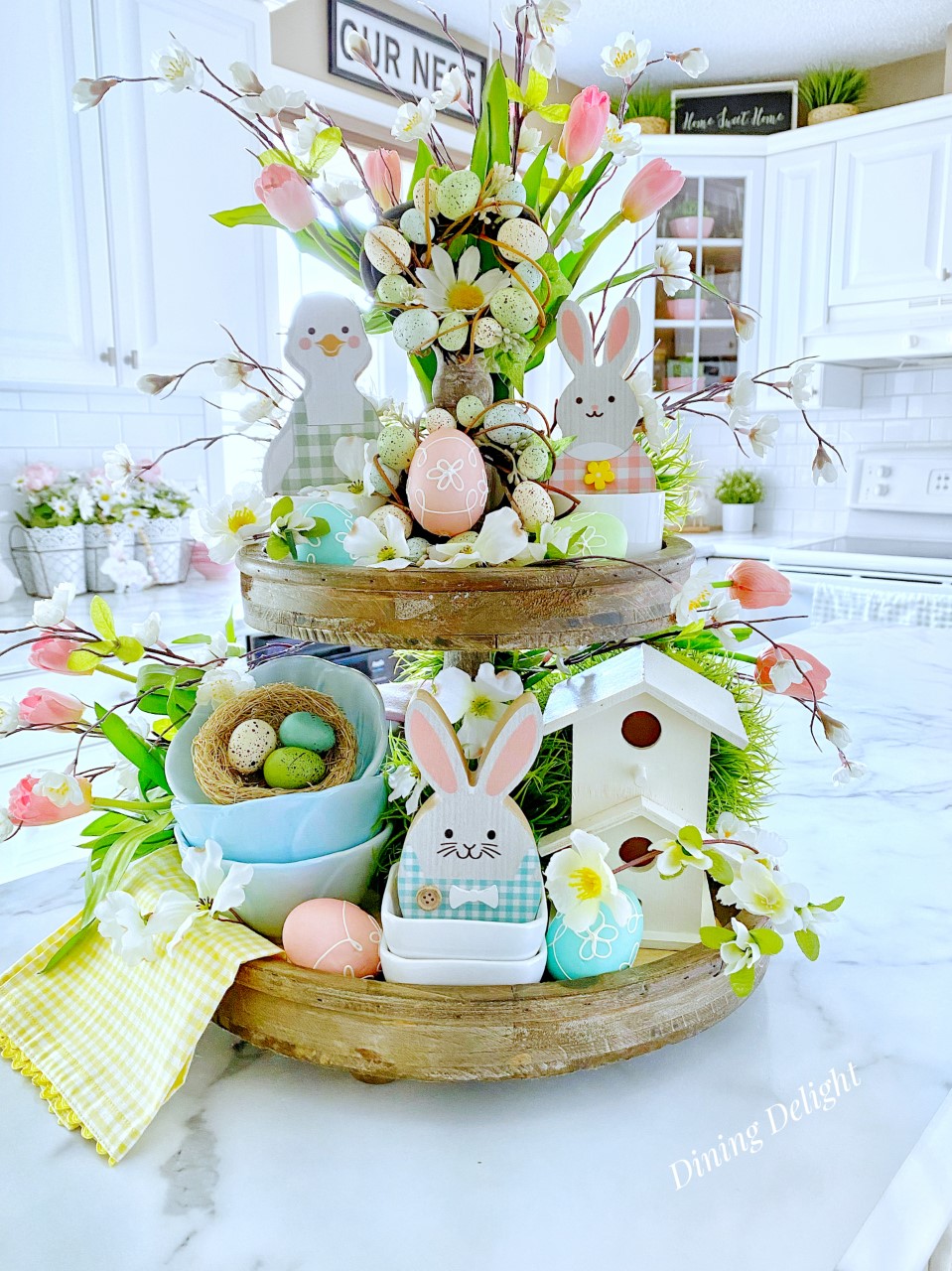 Dining Delight Easter Tiered Tray In Pastels And Gingham