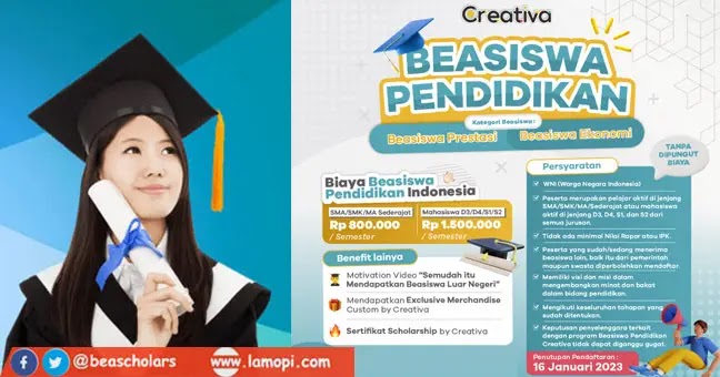 Pendaftaran Beasiswa Pendidikan Creativa 2023 Untuk Smasmkma Dan D3