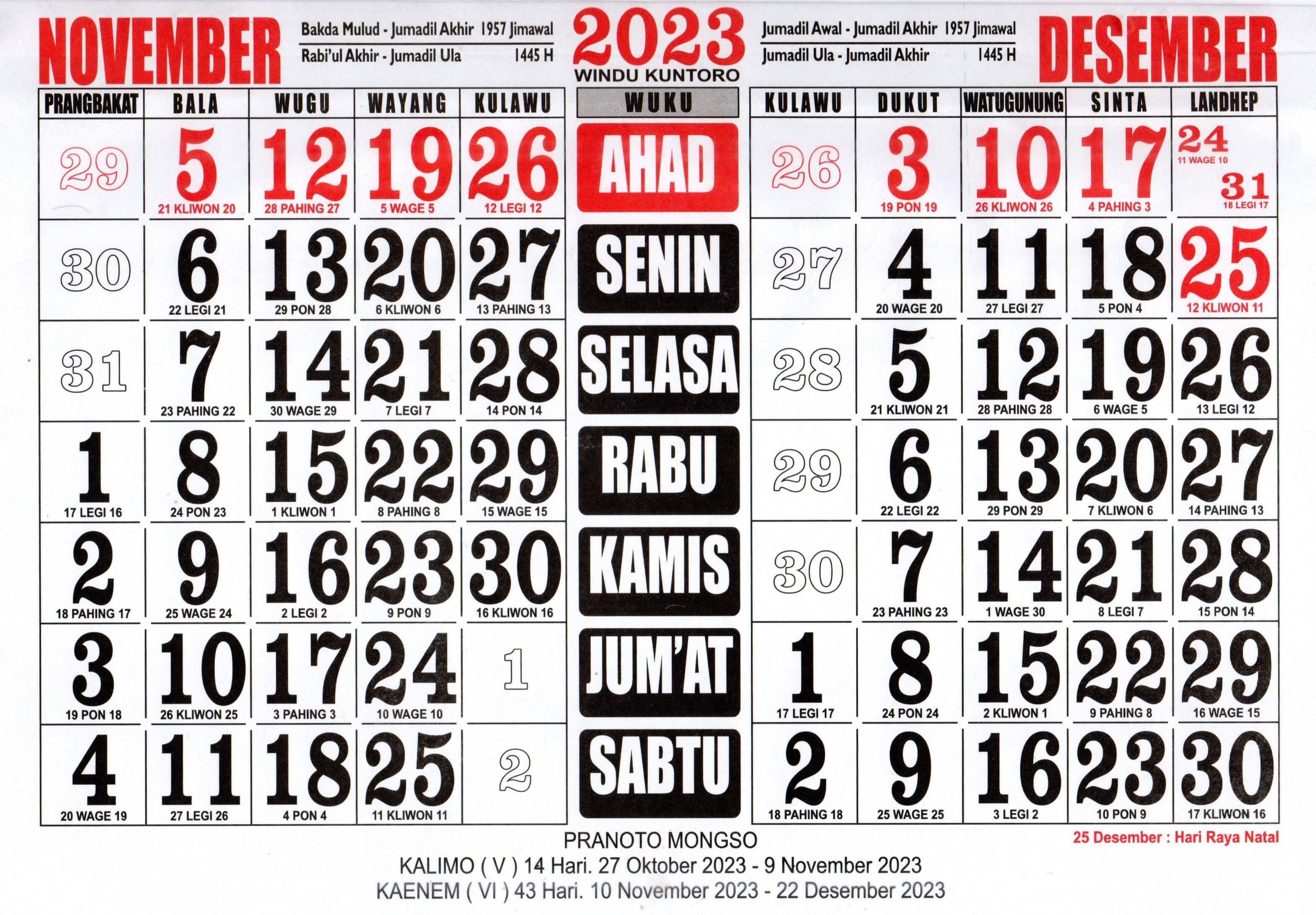 Download Kalender 2023 Desember Lengkap Dengan Tanggal Merah Wuku Dan