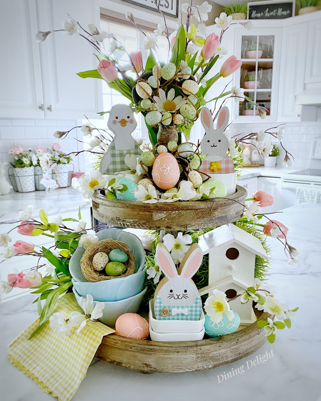 Dining Delight Easter Tiered Tray In Pastels And Gingham