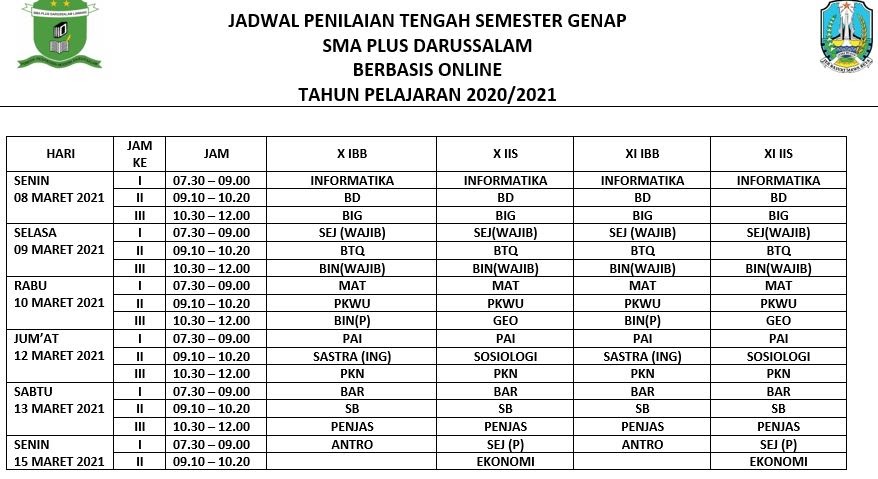 Jadwal Penilaian Tengah Semester Pts Semester Genap Kelas X Dan Xi