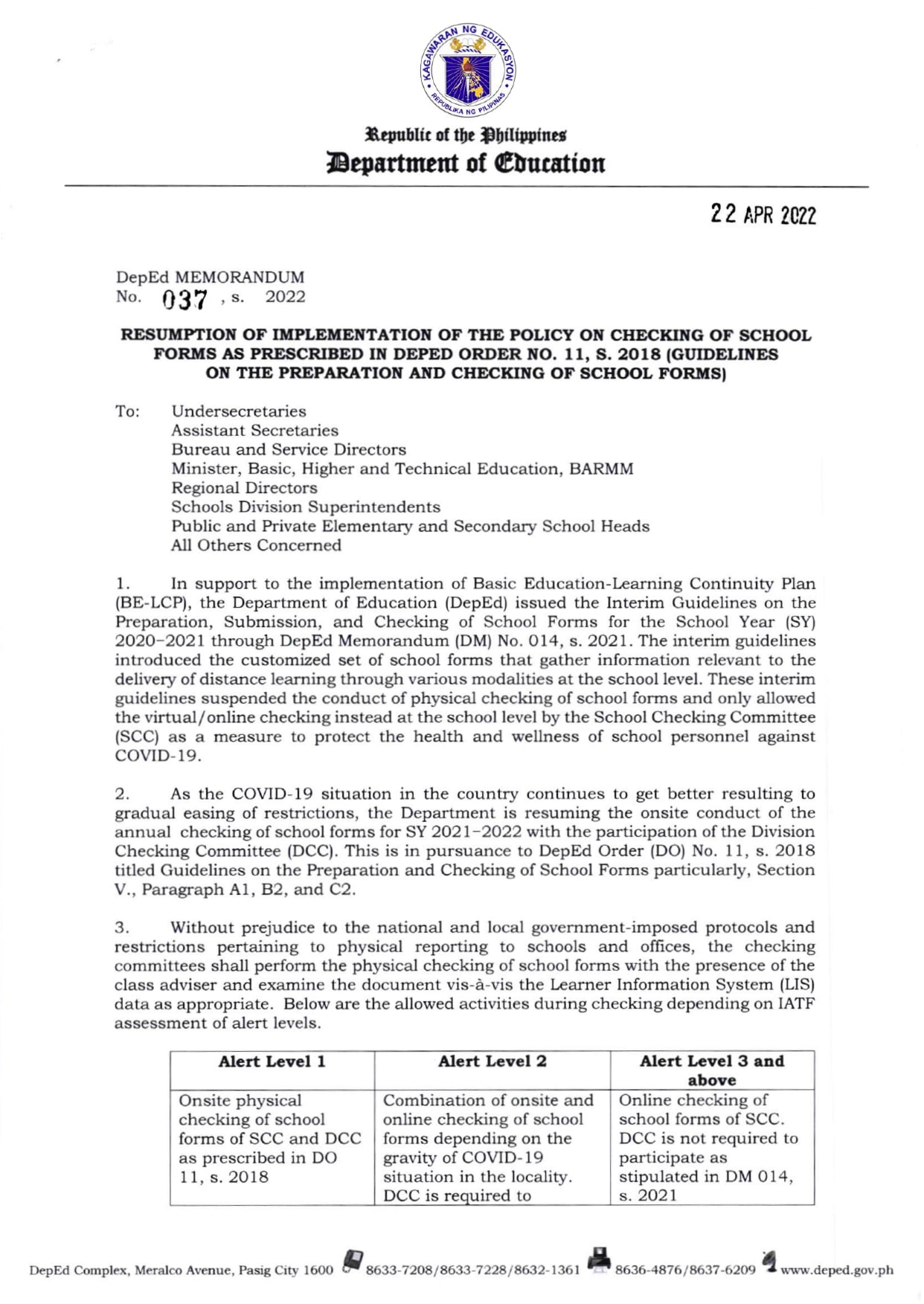 Resumption Of Implementation Of The Policy On Checking Of School Forms