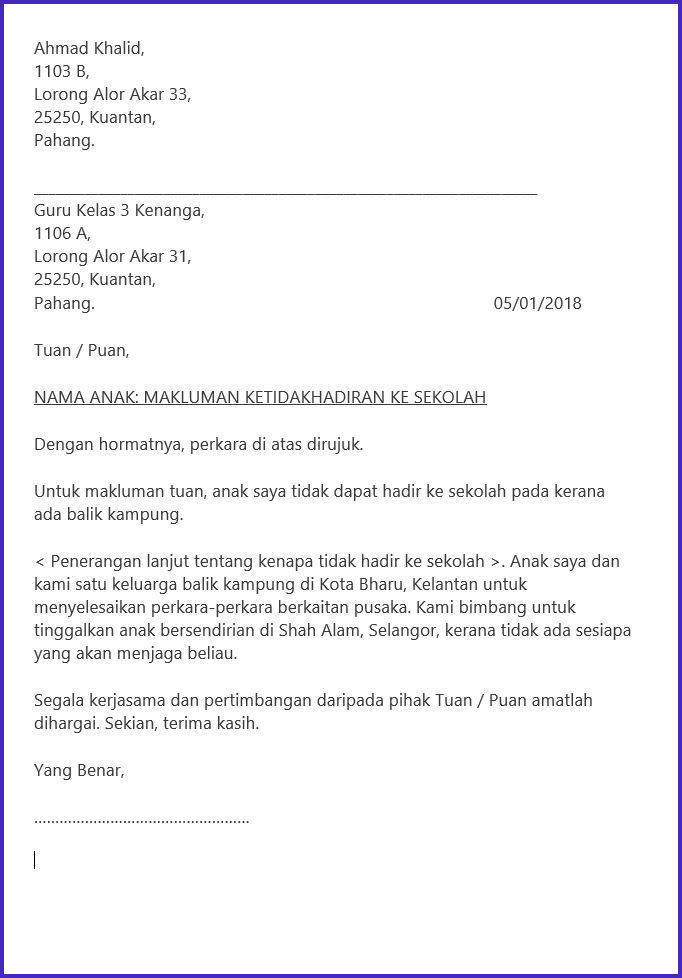 Senarai Contoh Surat Tidak Hadir Ke Sekolah