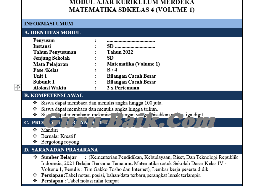 Modul Ajar Matematika Kelas 5 Kurikulum Merdeka Semes