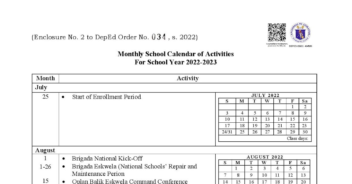 Deped Releases School Calendar And Activities For School Year 2022 2023
