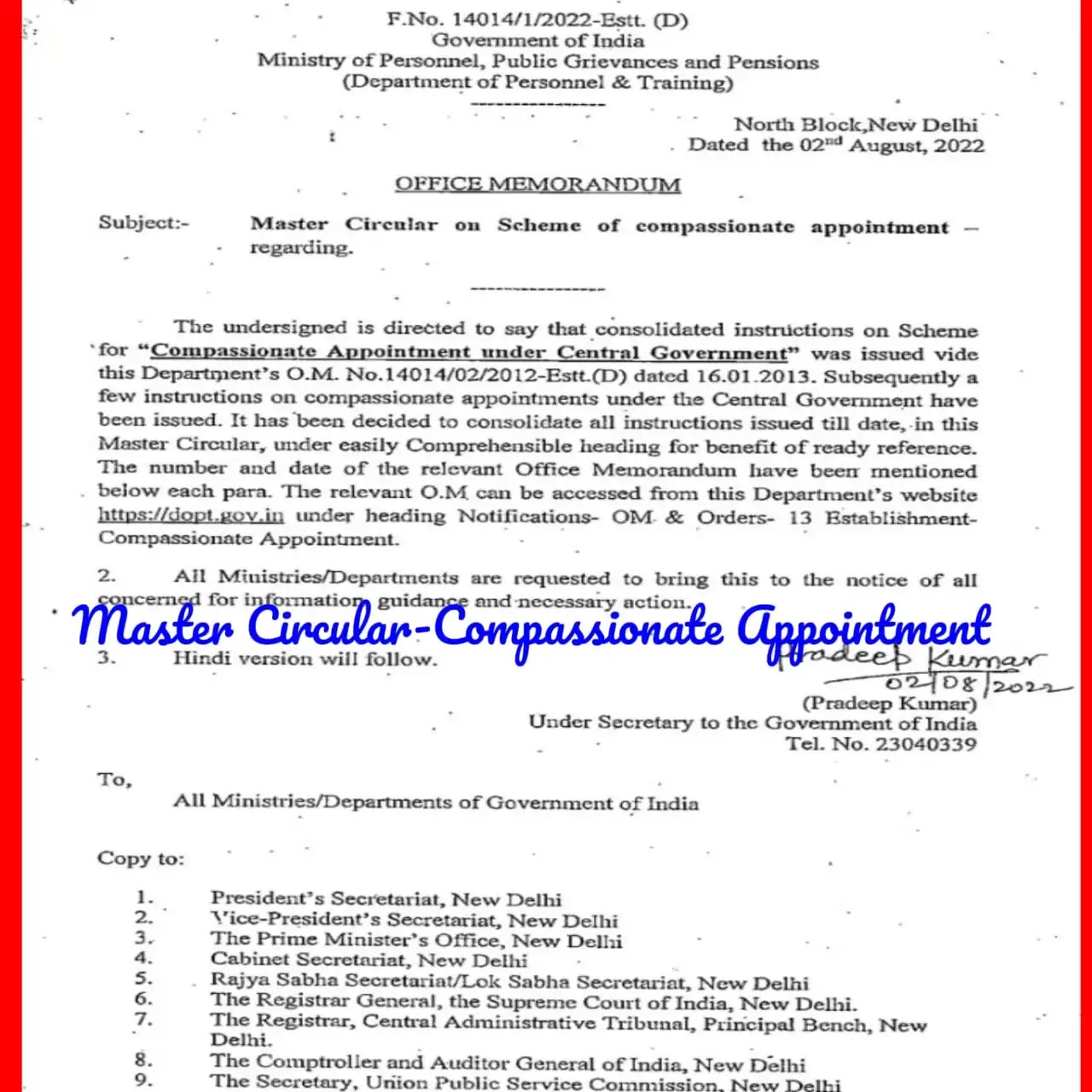 Master Circular On Compassionate Appointment Scheme 2022 Dopt Om On