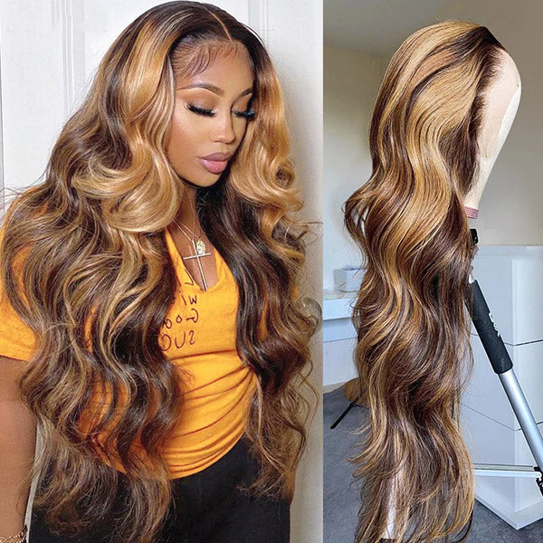 Honey Blonde Highlight Wig 13x4 Lace Front Wig Body Wave Human Hair