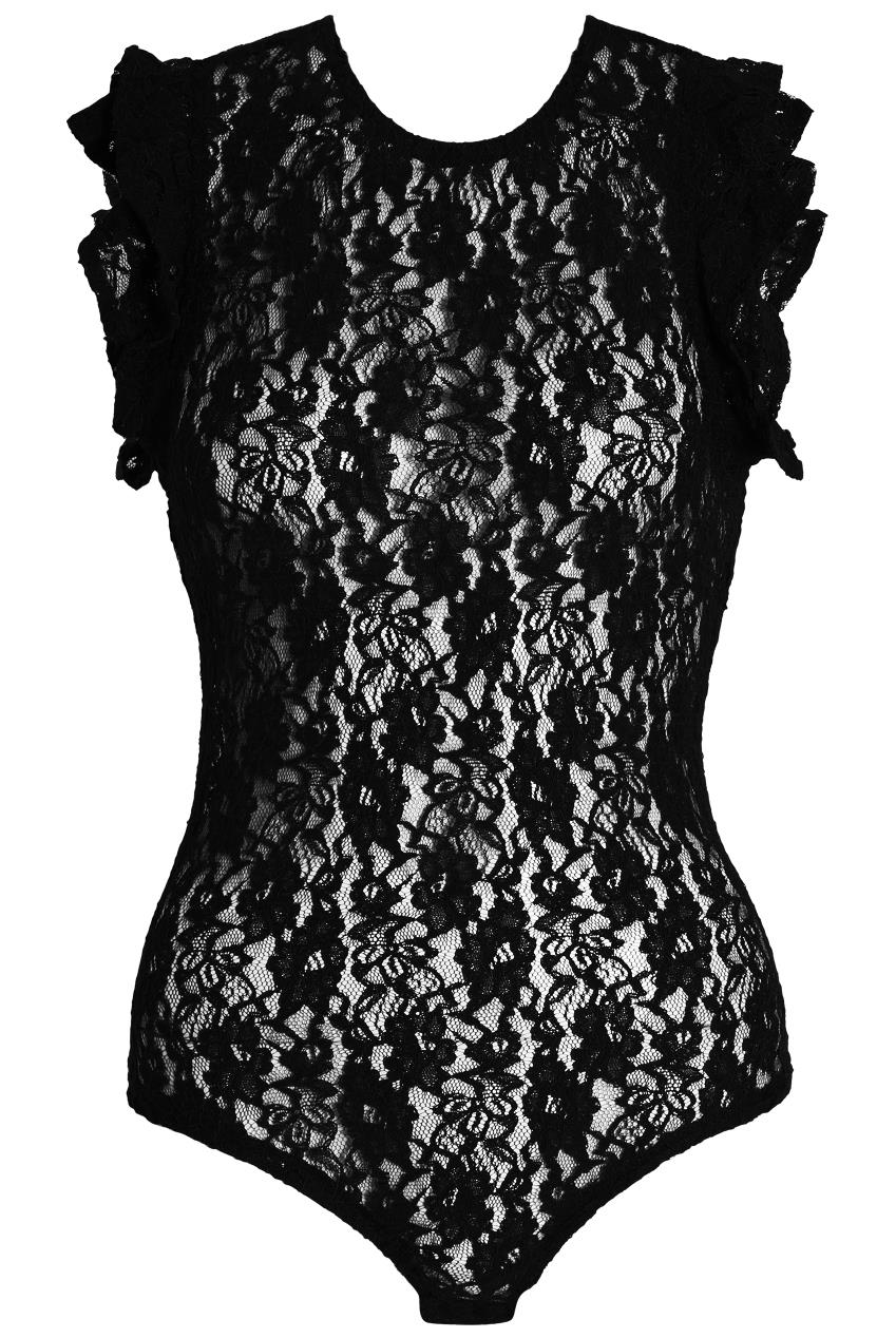 Black Sheer Lace Bodysuit With Frill Dressed In Lucy