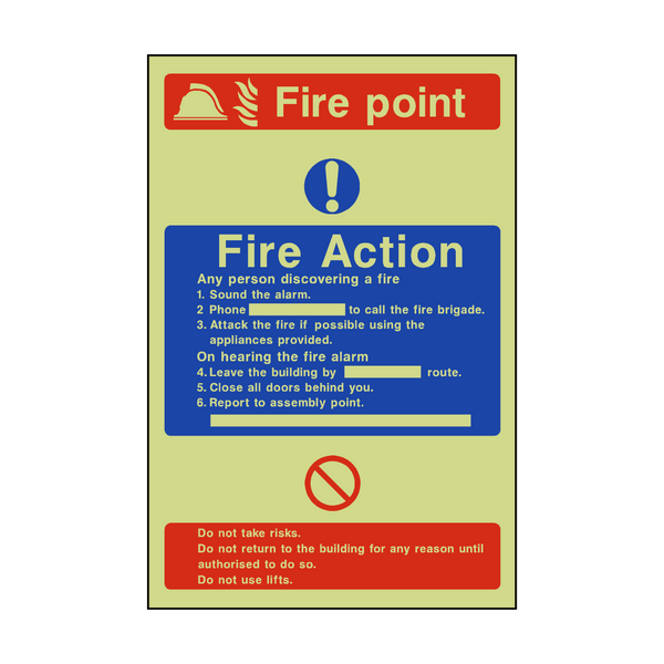 Fire Action Fire Point Photoluminescent Sign Pvc Safety Signs