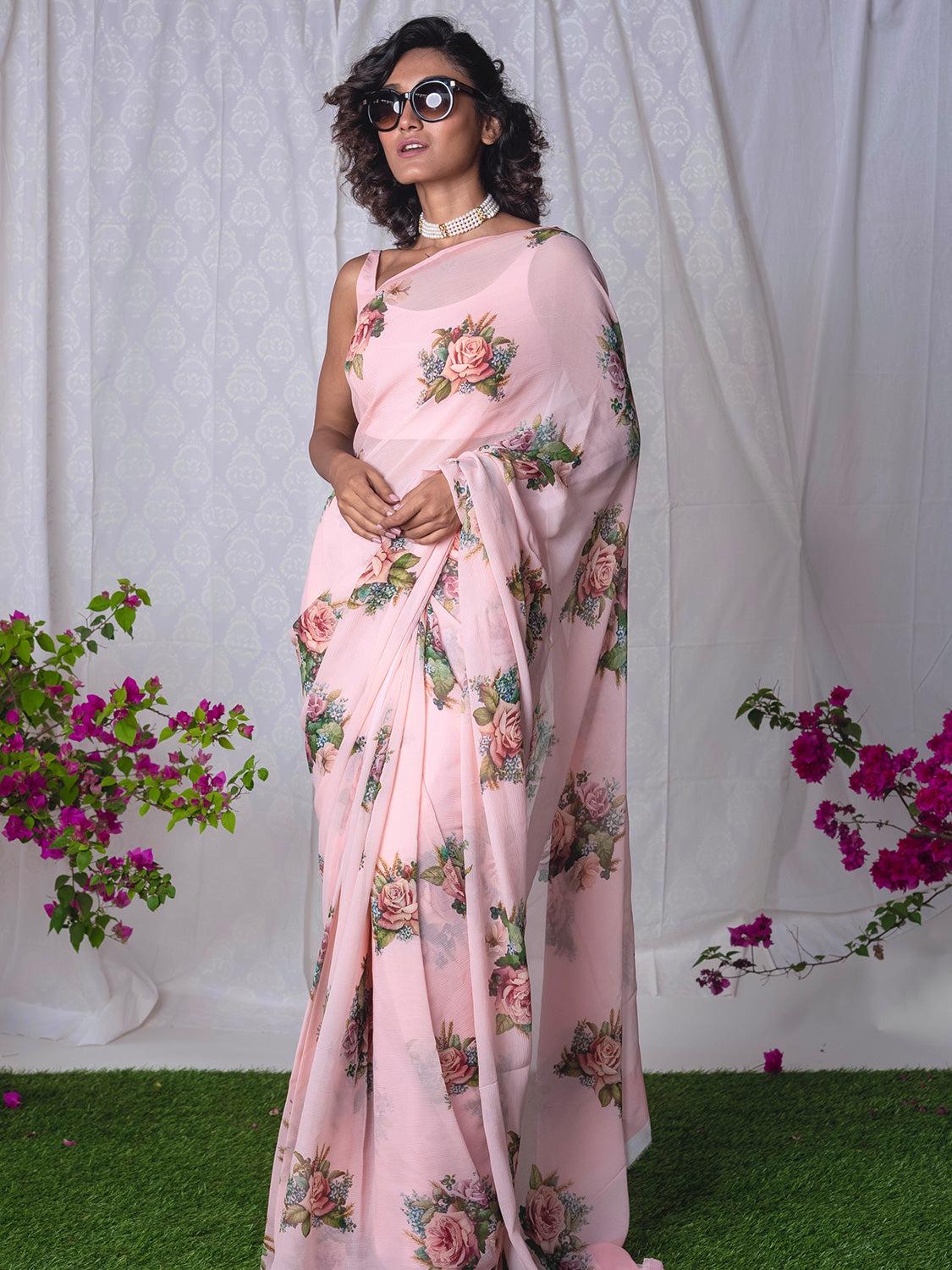 Pink Floral Chiffon Saree Set Thesilkstory