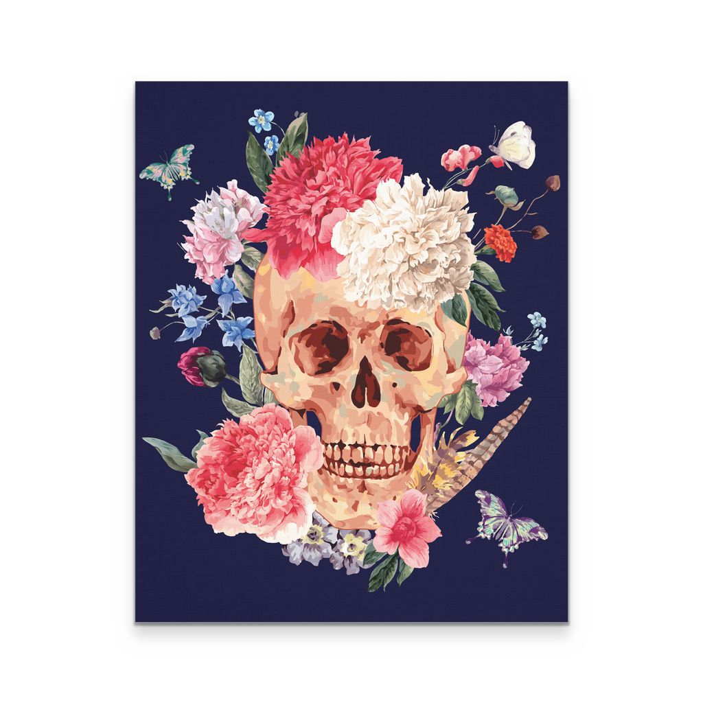 16x20 Floral Skull With Butterflies Canvas Wall Art