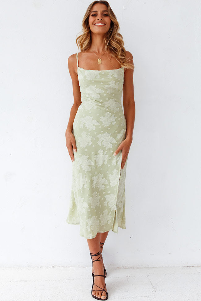 Floral Cowl Neck High Slit Slip Midi Dress Sage Green Rosedress