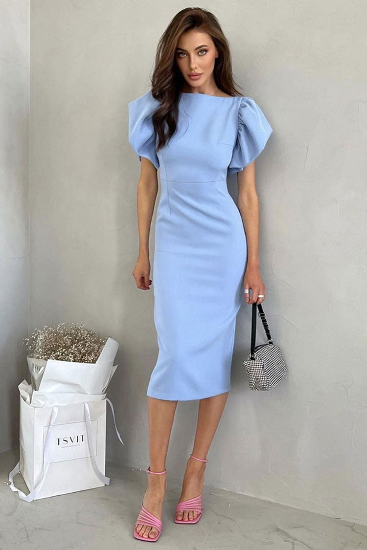 French Crew Neck Puff Sleeve Split Bodycon Cocktail Party Midi Dress