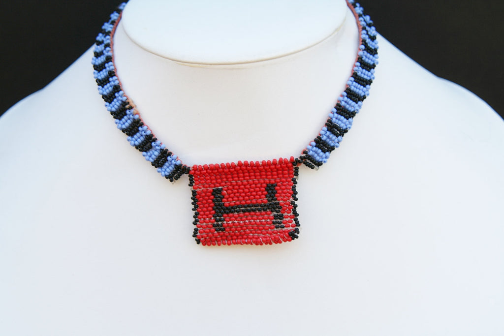 Vintage African Zulu Love Letter Beaded Choker Necklace Blue Red Bla