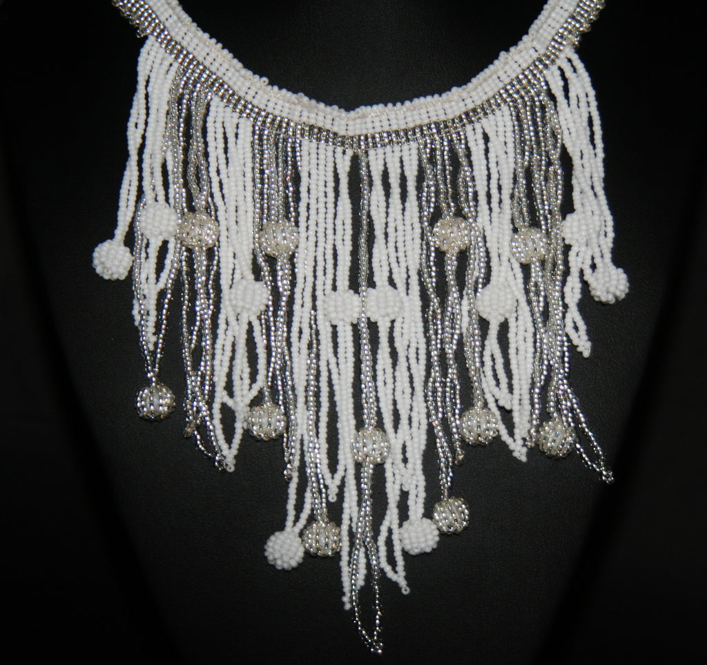 African Choker Beaded Cascade Necklace White Silver Cultures