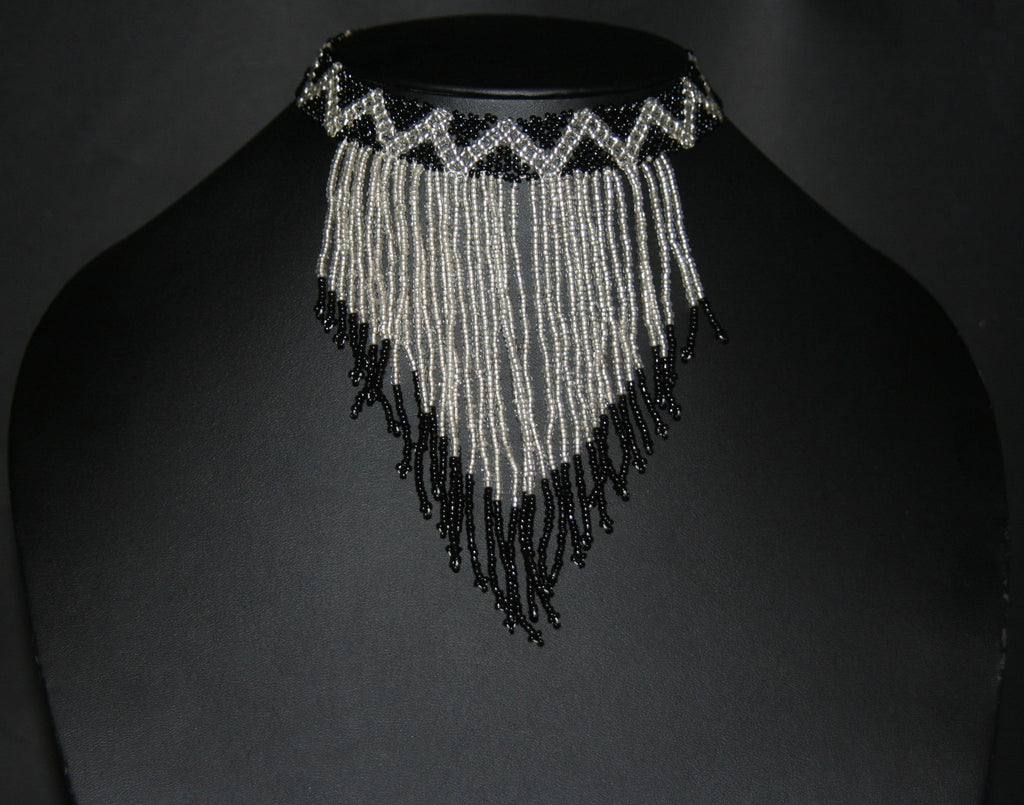 African Beaded Choker Necklace Cascade Black White Handcrafted Swazila