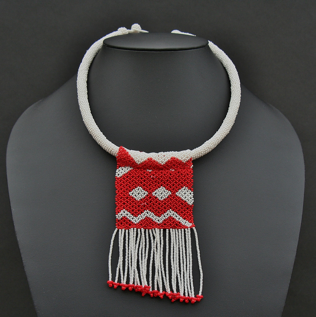 African Zulu Love Letter Beaded Necklace Red On White Cultures