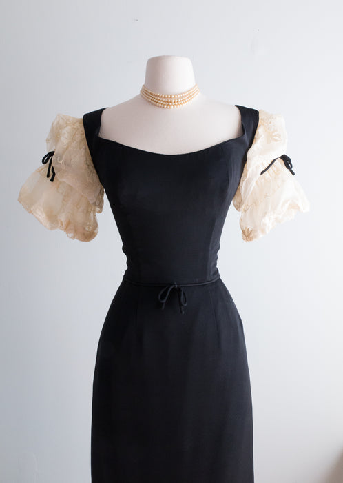 Fabulous 1950s Black Silk Wiggle Dress With Embroidered Organdy Sleev