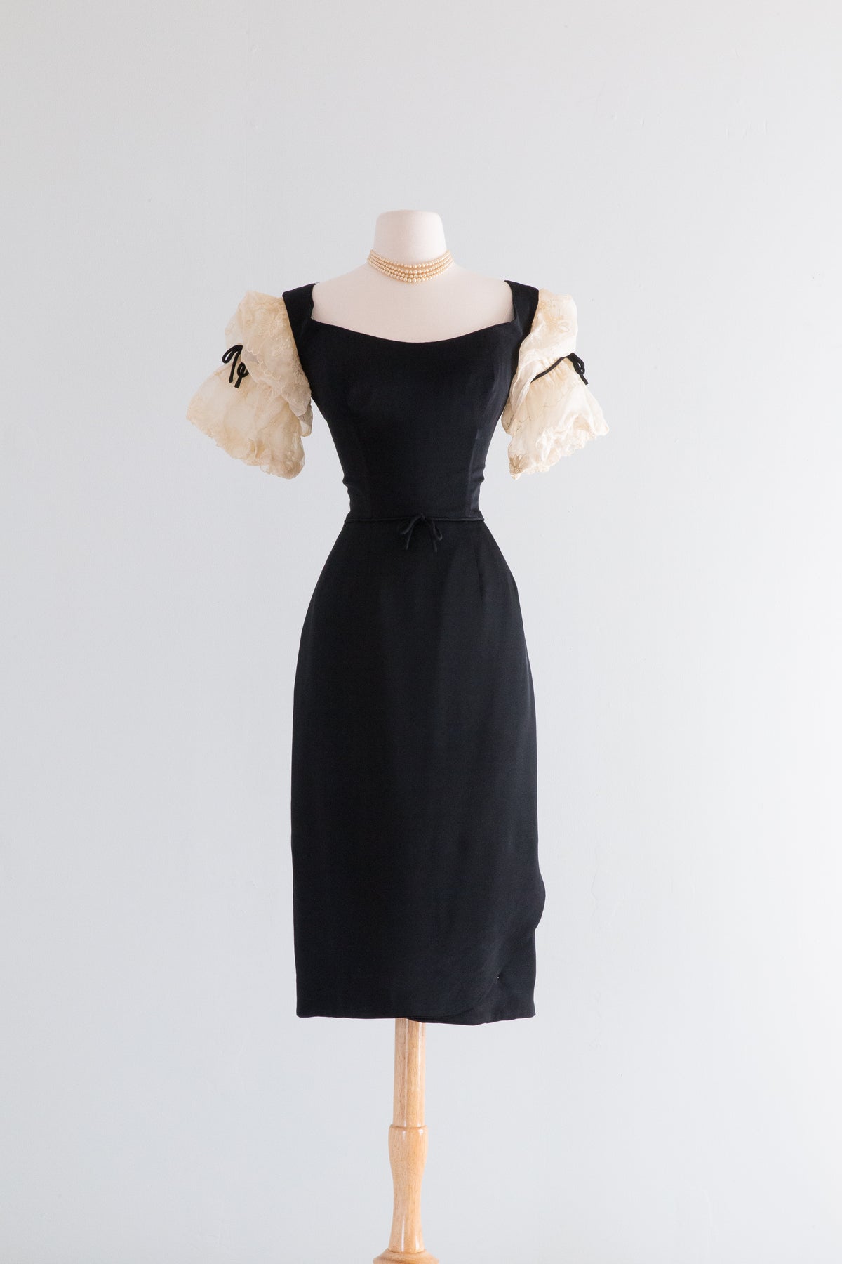 Fabulous 1950s Black Silk Wiggle Dress With Embroidered Organdy Sleev