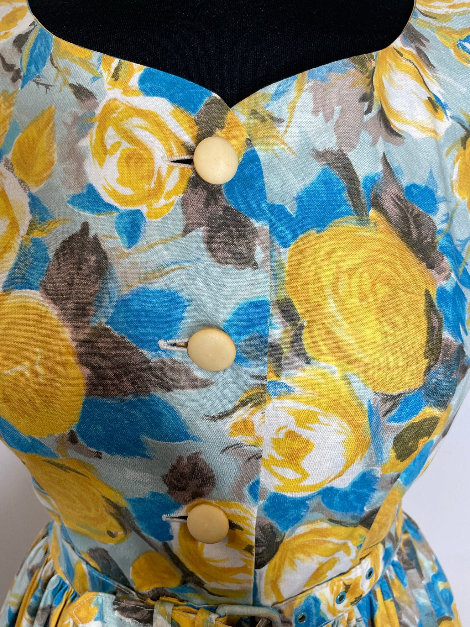 Vintage 1950s Brilkie Yellow Blue Rose Print Full Cotton Dress Uk 8