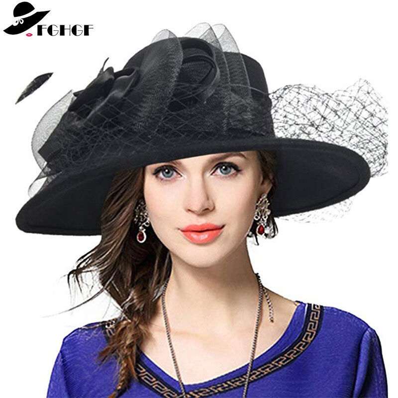 Women Wide Brim Wool Felt Cocktail Hat Murass