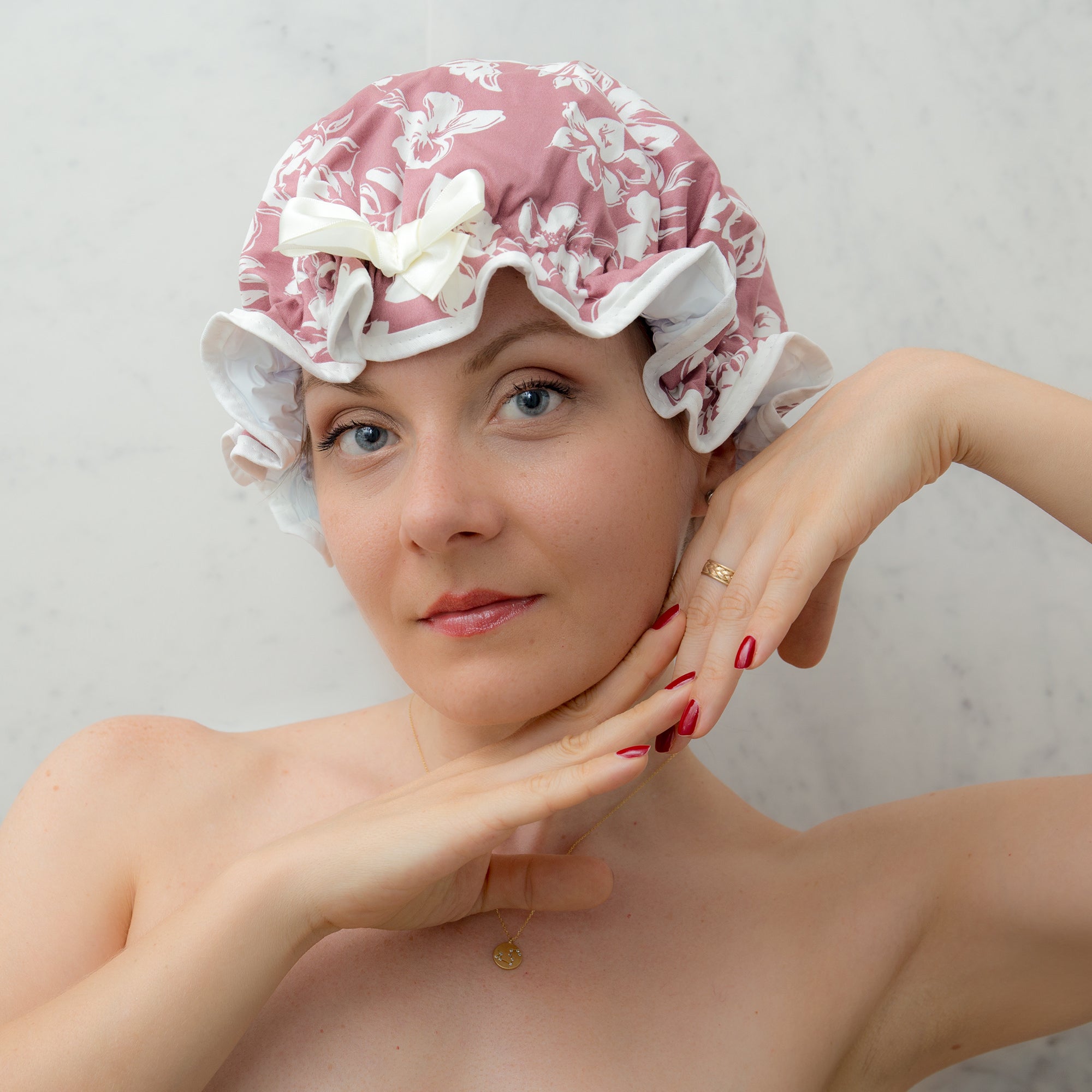 Dusky Pink Shower Cap For Women Pretty Floral Cotton Print Vintage