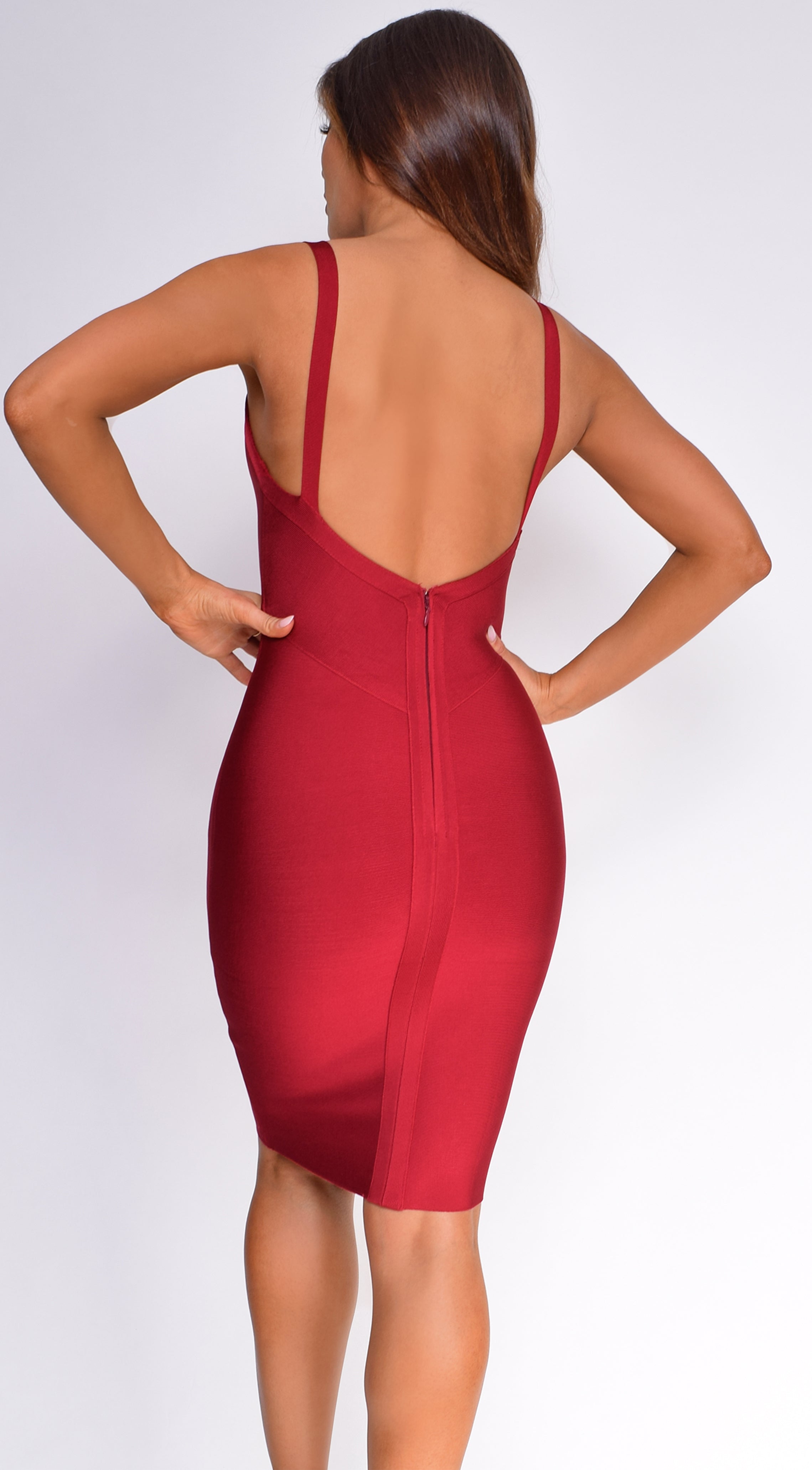 Colette Burgundy Red Low Back Bandage Dress Emprada