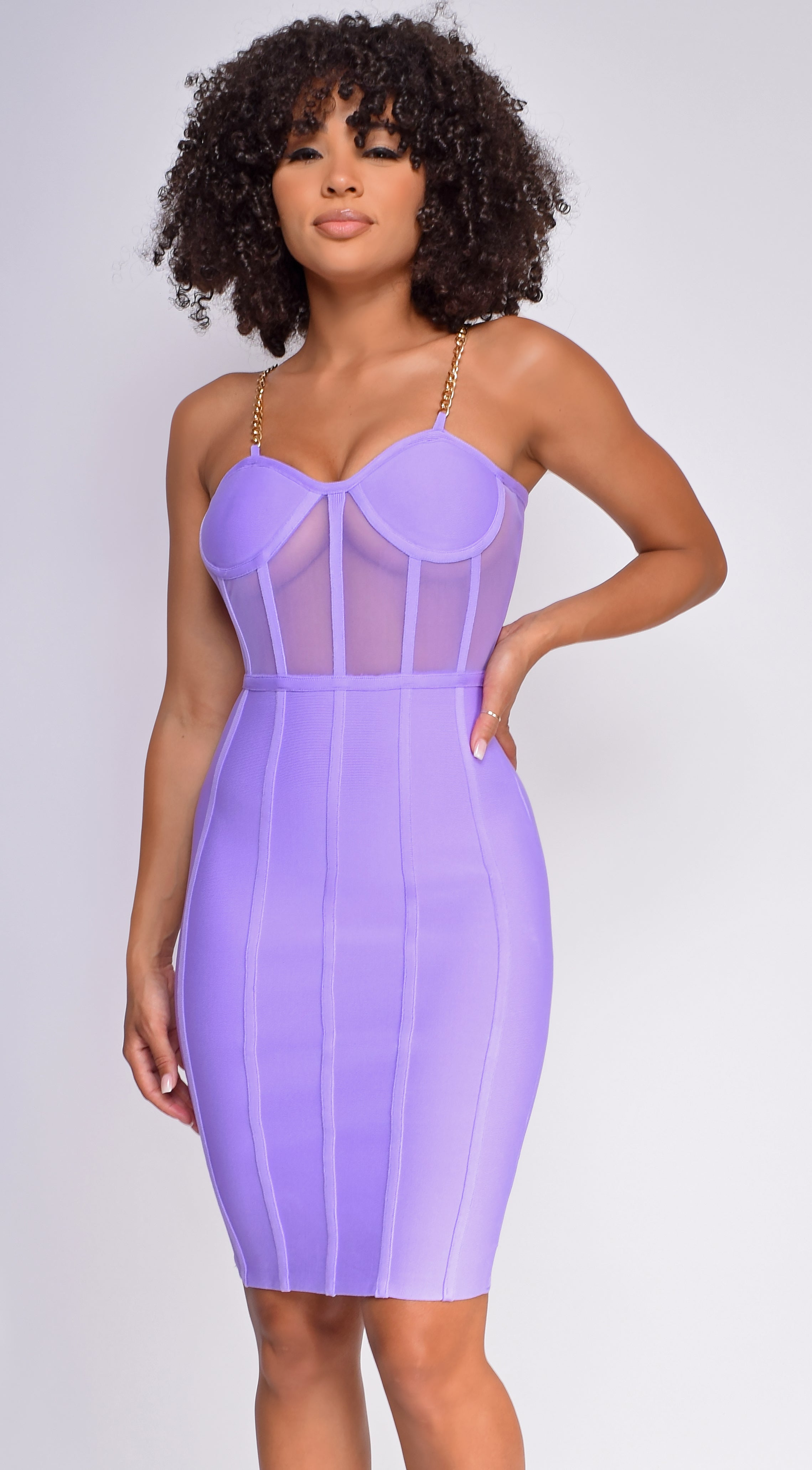 Lorelei Purple Bandage Bustier Mesh Midi Dress Emprada