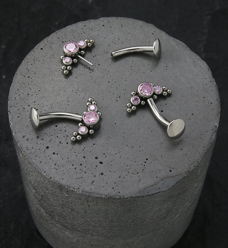 Beaded Triple Pink Cz Titanium Threadless Floating Belly Button Ring